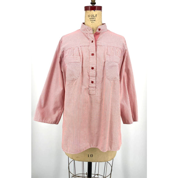 Avon | Tops | Vintage Avon Fashion Chambray Red Striped Half Button Top ...